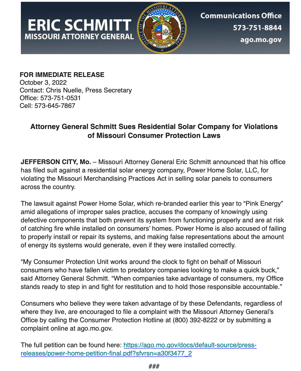 Attorney General Schmitt Stands Up for Consumers Against Predatory ...